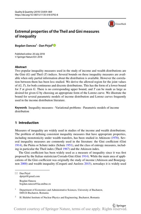 Extremal Properties Of The Theil And Gini Measures Of Inequality Request Pdf