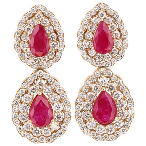 777 Carat Natural Ruby Diamond Yellow Gold Drop Earrings For Sale At