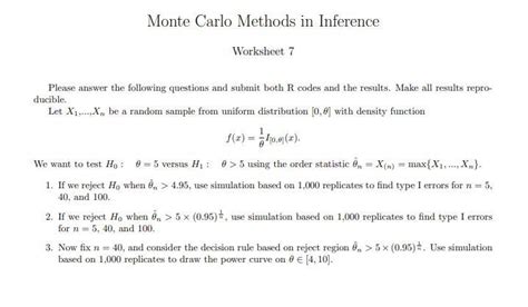 Solved Monte Carlo Methods In Inference Worksheet 7 Please