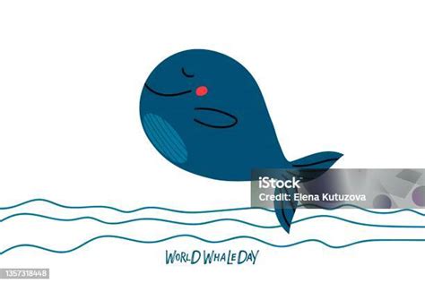 고래와 파도 배경 세계 고래의 날 그림 큰 푸른 고래가 물 밖으로 다이빙 귀여운 웃는 만화 캐릭터 엽서 초대장 인사말을 위해 바다와 손으로 그린 고래 고래에 대한 스톡 벡터