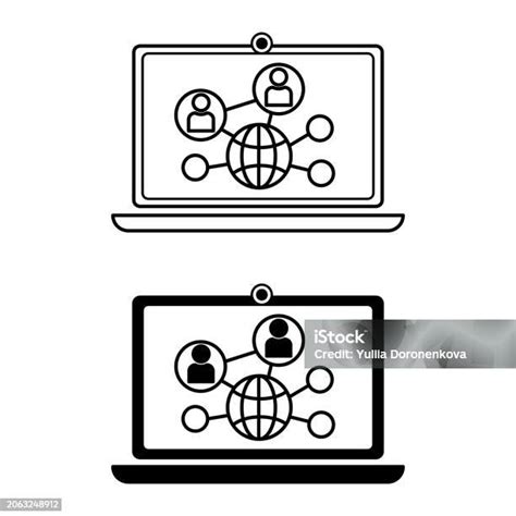 온라인 네트워킹 아이콘 흑인과 백인 벡터 아이콘 의 노트북 와 인터넷 연결 사람들 기술 및 소셜 네트워크 개념 글로벌