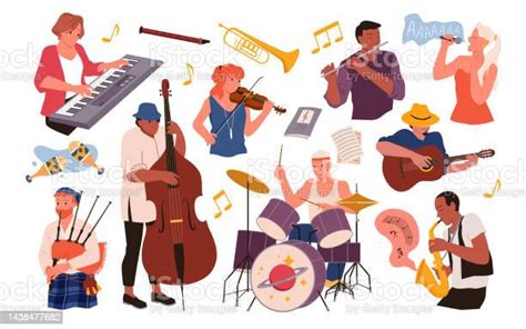 전문 오케스트라 음악 여가 취미 시간 가수 및 밴드 콘서트 공연 드러머 및 기타리스트 벡터 삽화 다양한 악기로 연주하는 다양한 음악가 단체에 대한 스톡 벡터 아트 및 기타