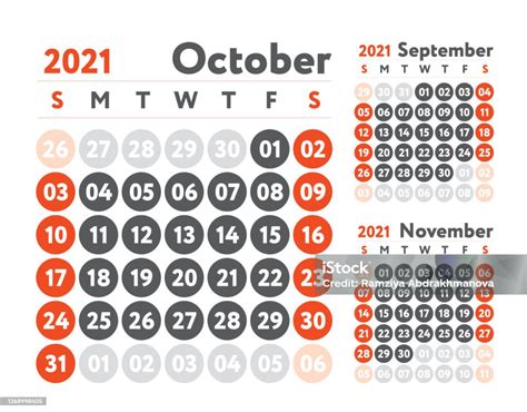 2021년 10월 달력 플래너 디자인 영어 캘린더 빨간색 벡터 템플릿입니다 주는 일요일에 시작됩니다 사업 계획 0명에 대한 스톡