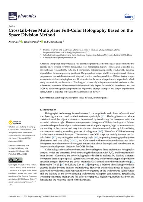 Pdf Crosstalk Free Multiplane Full Color Holography Based On The Space Division Method