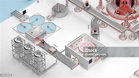 자동화된 기계와 컨베이어 벨트가 있는 미래형 공장의 3d 그림 깔끔하고 밝은 디자인과 세련된 기술은 효율성과 첨단 제조를 제공합니다 3d 렌더링 0명에 대한 스톡 사진 및
