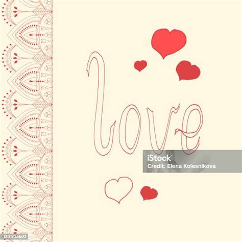 레드 레이스 프레임 이음새가 있는 테두리 장식 꽃 모티프 손으로 쓴 글자 사랑 손으로 그린 하트 인사말 발렌타인 카드 벡터 일러스트 기퓌르 레이스에 대한 스톡 벡터 아트 및