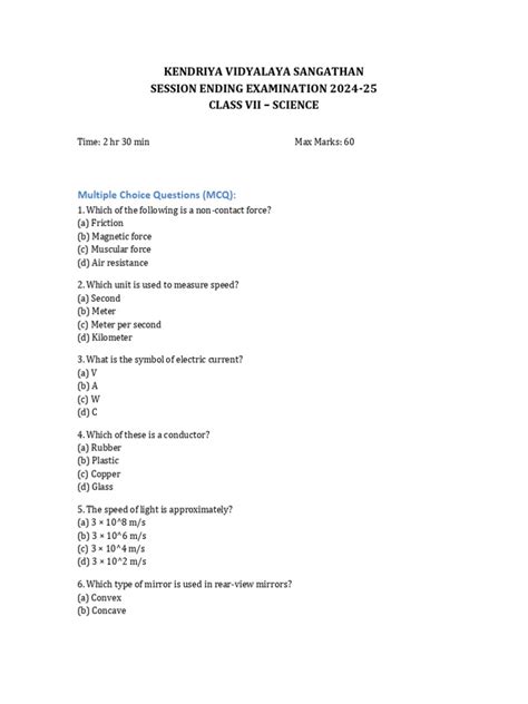 Class 7 Science Question Paper 1 Pdf Electric Current Electromagnetism