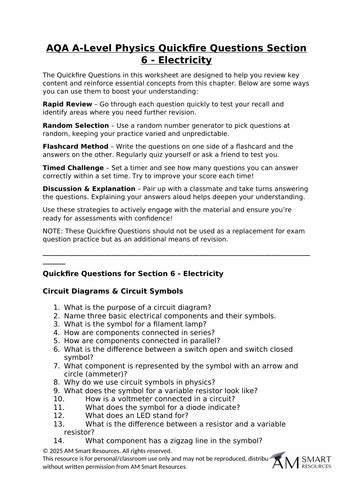 Aqa A Level Physics Quickfire Questions Section 6 Electricity Teaching Resources