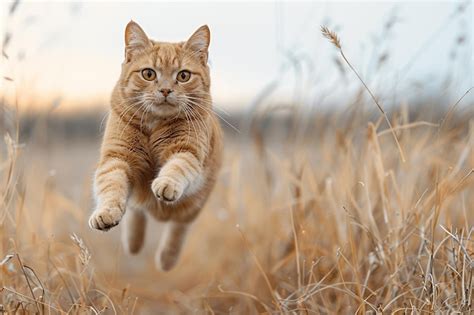Premium Photo Cute Cat Jumping On Meadow Sunset
