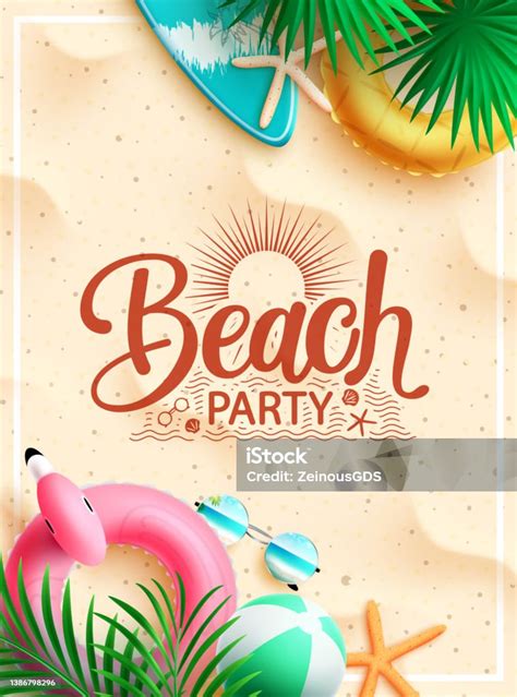 여름 해변 벡터 포스터 디자인 뜨거운 열대 시즌 휴가를위한 플로터와 잎 요소와 모래 배경의 여름 해변 파티 텍스트 여름에 대한