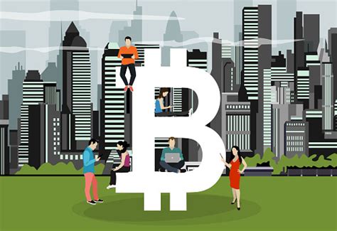 온라인 자금 조달및 비트코인 및 블록체인에 대한 투자를 위해 노트북과 스마트폰을 사용하는 젊은이들의 비트코인 개념 벡터 일러스트레이션 새로운 기술의 플랫 디자인 개념에 대한