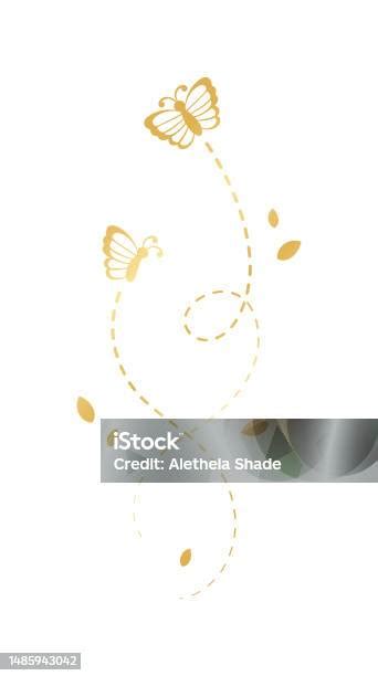 점선 경로가 있는 황금 비행 나비 열린 날개 흔적을 가진 우아한 금 나비 봄과 여름을 위한 벡터 디자인 요소 개념에 대한 스톡 벡터 아트 및 기타 이미지 Istock