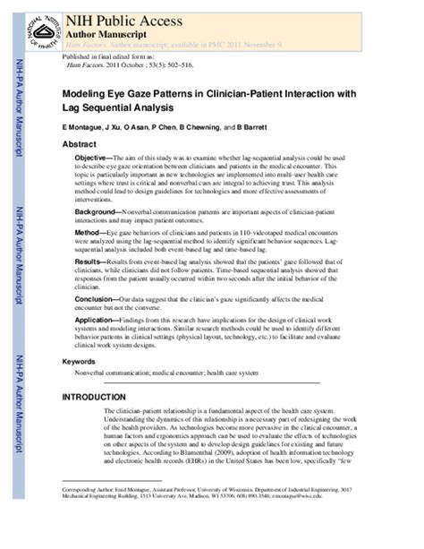 Pdf Modeling Eye Gaze Patterns In Clinician Patient Interaction With Lag Sequential Analysis