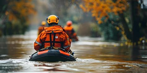 Emergency Response Teams Coordinating Flood Rescue Efforts Aiding