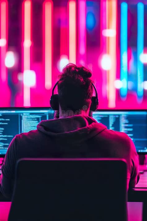 Young Male Coder Working At Computer With Neon Lights In Background