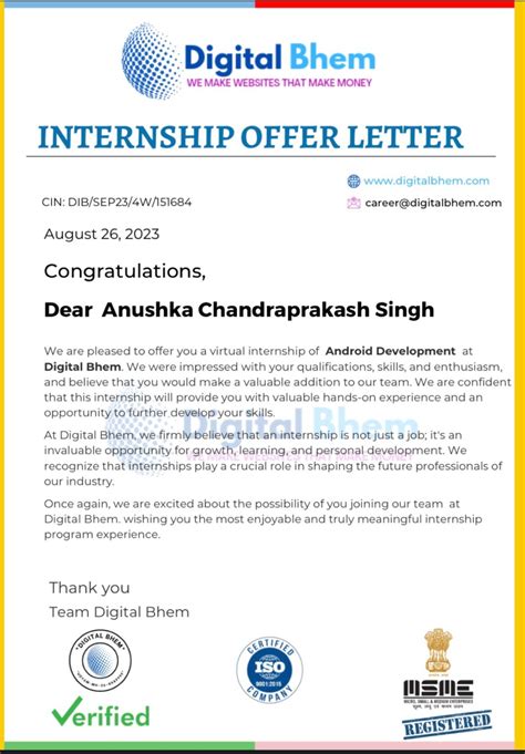 Anushka Singh On Linkedin Internshipoffer Digitalbhem