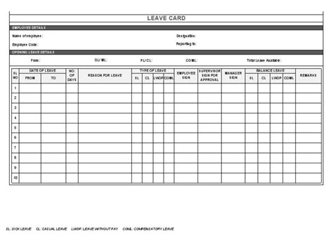 Leave Card Designation Reporting To Name Of Employee Employee Code Pdf