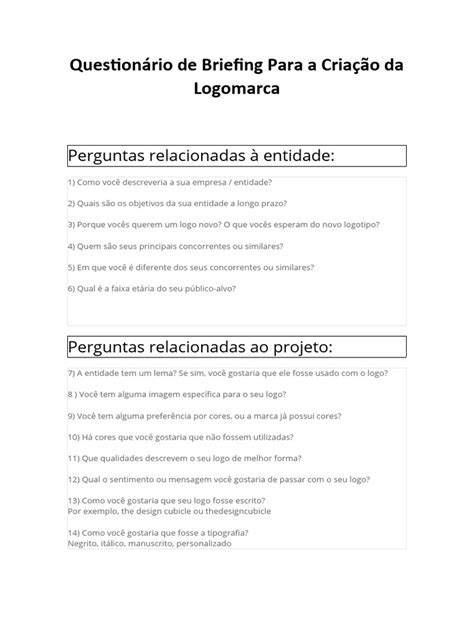 Questionário De Briefing Para A Criação Da Logomarca Pdf