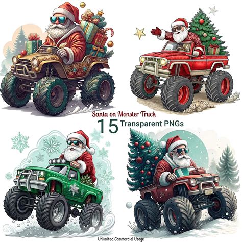 Santa Monster Truck Clipart Christmas Png Bundle Digital Download