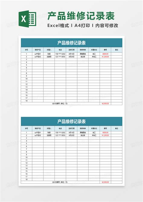 产品维修记录表excel模板下载熊猫办公