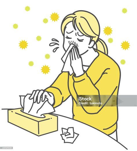 콧물을 멈출 수 없어 꽃가루 알레르기 때문에 코를 푸는 여성의 일러스트 감기바이러스에 대한 스톡 벡터 아트 및 기타 이미지 감기바이러스 감기와 독감 건강관리와 의술