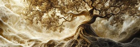 The Artwork Illustrates An Abstract Tree Of Life With Intertwining Branches And Roots