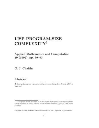 Lisp Program Size Complexity Department Of Computer Science