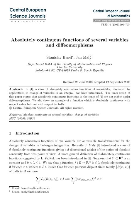 Pdf Absolutely Continuous Functions Of Several Variables And Diffeomorphisms