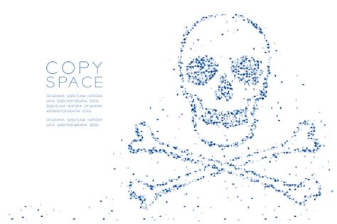 추상적인 기하학적 낮은 다각형 사각형 상자 픽셀 및 삼각형 패턴 해골과 교차 된 뼈 모양 위험한 개념 디자인 파란색 그림 복사