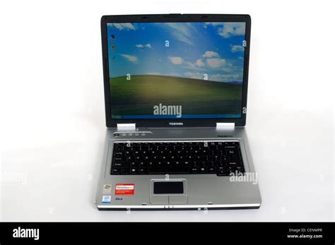 An Open Toshiba Laptop Computer With The Power On Stock Photo Alamy