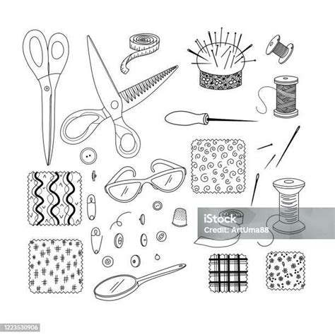 봉 제 컨셉 바느질 도구 바늘 가위 실 Awl 버튼 스풀 돋보기 바늘 홀더 테이프 등 손으로 그린 이솔티드 스케치의 벡터 세트 낙서 스타일 플랫 디자인 가위에 대한 스톡