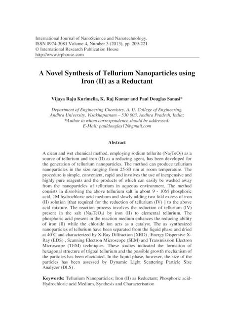 Pdf A Novel Synthesis Of Tellurium Nanoparticles Using Iron · Because Catalysis By