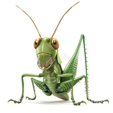 Adorable Green Grasshopper 3d Rendered Cartoon Insect Stock