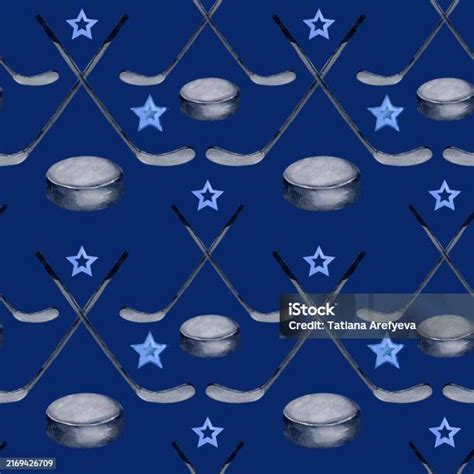 십자가 막대기와 퍽 푸른 질감의 수채화 별 완벽 한 패턴 얼음 스포츠 테마의 손으로 그린 수채화 스케치 하키 경기 장식 파란색 배경에 0명에 대한 스톡 벡터 아트 및 기타