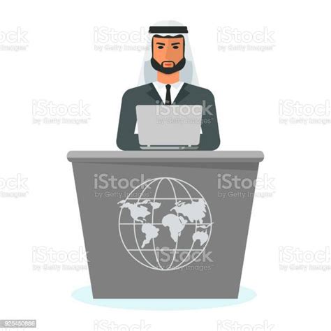 국제적인 사무실에 테이블에서 노트북으로 아랍 사업가 개념에 대한 스톡 벡터 아트 및 기타 이미지 개념 공부 기자 회견 Istock