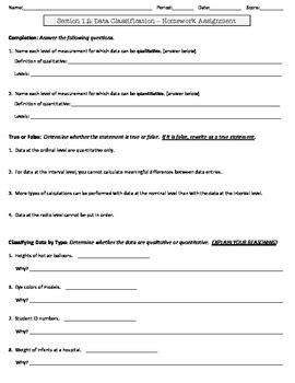 Statistics Homework Worksheet Data Classification TPT