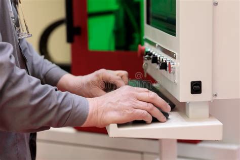 CNC Operator Programming Lathe Machine Stock Image Image Of Finger Controller