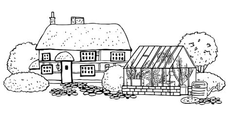 오래된 마을 집 온실 및 정원이있는 풍경 손으로 그린 윤곽선 벡터 스케치 일러스트 건축에 대한 스톡 벡터 아트 및 기타 이미지 건축 검은색 구도 Istock