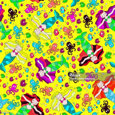 귀 엽 고 재미 있는 손으로 그려진된 인 어와 물고기 원활한 패턴 벡터 0명에 대한 스톡 벡터 아트 및 기타 이미지 0명 가공의 인물 공주 Istock