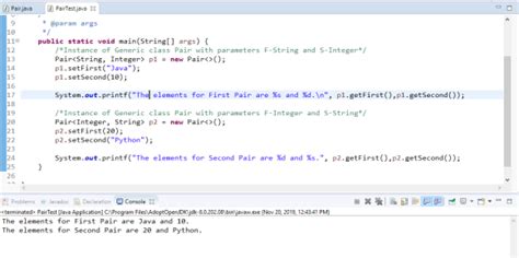 write a generic class pair which has two type parameters—f ands—each representing the type of