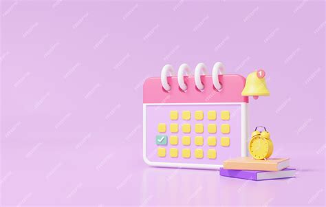 알림 벨 캘린더 아이콘 기호는 일정을 표시합니다 최소한의 만화 스타일 디자인 일 월 연도 교육 학습 개념입니다 보라색 배경 배너 3d 렌더링 그림에 프리미엄 사진