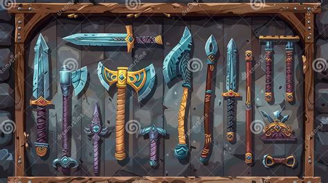 Game Shop Menu With Medieval Weapons Swords Axes And Shields In Metal Frames Ui Gui Warrior