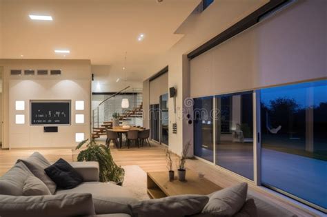 Home With Smart Thermostat Lights And Window Blinds That Automatically