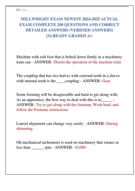 Millwright Exam Newest Actual Exam Complete 200 Questions And Correct Detailed Answers Verified