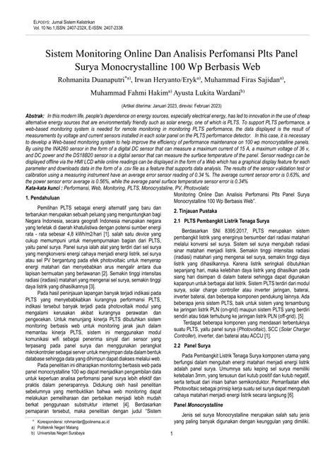 Pdf Sistem Monitoring Online Dan Analisis Perfomansi Plts Panel Surya Monocrystalline 100 Wp