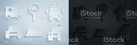 택시 자동차 지붕 트롤리 버스 자동차 렌탈 돋보기 및 택시 및 구급차 비상 아이콘을 설정합니다 벡터 3차원 형태에 대한 스톡 벡터 아트 및 기타 이미지 Istock