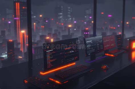 Futuristic Workspace With Ai Monitors And A Glowing Cityscape Showcasing The Integration Of