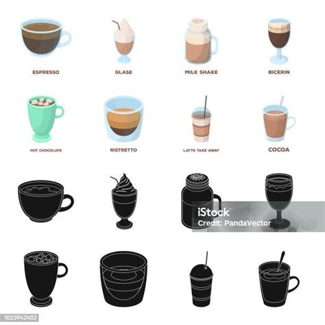 Ristretto 핫 초콜릿 라 떼 테이크아웃 커피의 종류 검정 만화 스타일 벡터 기호 재고 일러스트 레이 션 웹에서 컬렉션 아이콘을 설정합니다 0명에 대한 스톡 벡터 아트