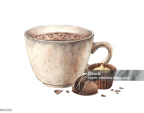 코코아 음료가 담긴 세라믹 라이트 머그잔 초콜릿 사탕이 근처에 있습니다 고립된 배경의 수채화 일러스트레이션은 코코아 포장 디자인 메뉴 디자인 및 디저트 테마 프로젝트에