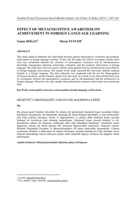 Pdf Effect Of Metacognitive Awareness On Achievement In Foreign Language Learning
